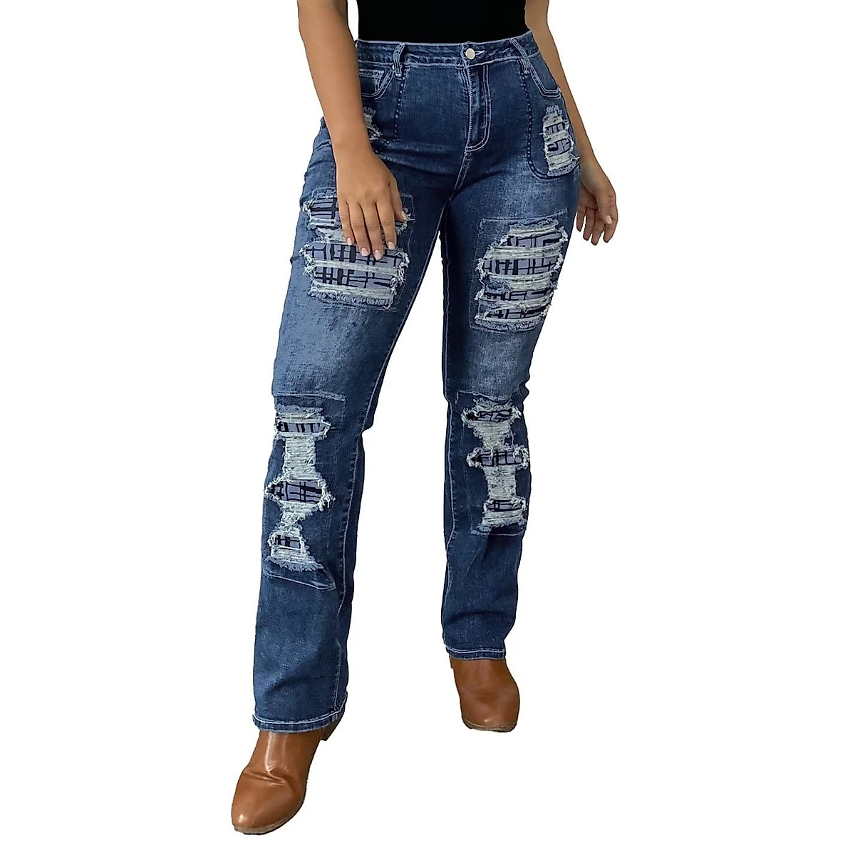 Flamingals Ripped Boot Cut Jeans Tummy Control Jeans for Women Stretch Trendy Mid Waist Cowgirl Jeans Navy Blue XL