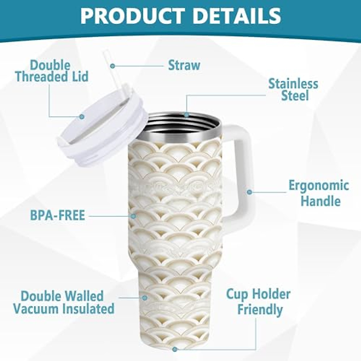 RPLIFE Elegant Gold Outlined Waves White Coffee Tumbler with Handle, Stainless Steel Coffee Cup, Tumbler with Lid and Straw