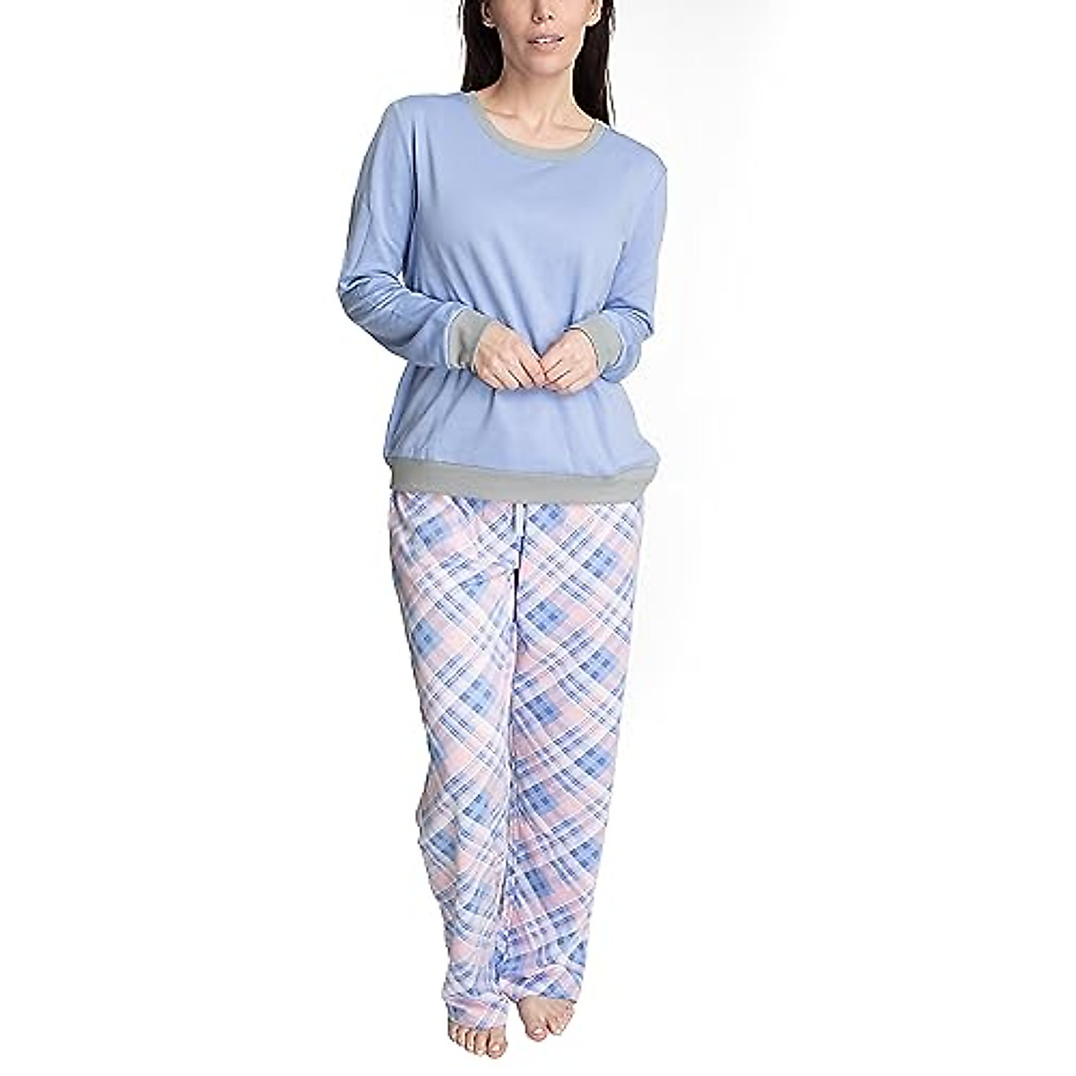 Hanes Women's Holiday Hibernation Longsleeve Top and Pajama Bottom French Terry Sleep and Lounge Set, Blue/Sugar Plaid, Large