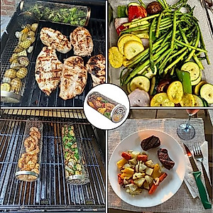 Grill Basket 2 PCS Rolling Grilling Baskets for Outdoor Grilling,Bbq Grill Grilling Basket Cylinder.Barbeque Stainless Steel Accessories for Fish, Shrimp, Meat, Vegetables, Fries (11.8 inch*2)