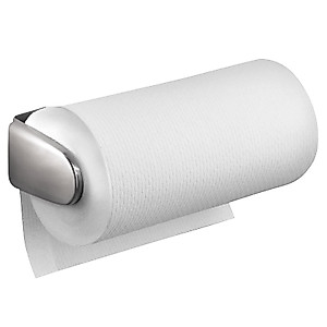 mDesign Metal Wall Mounted Paper Towel Holder Dispenser for Walls or Under Cabinet in Kitchen, Pantry, Cupboard, Sink Storage, Holds Jumbo Rolls - Omni Collection - Brushed Stainless Steel