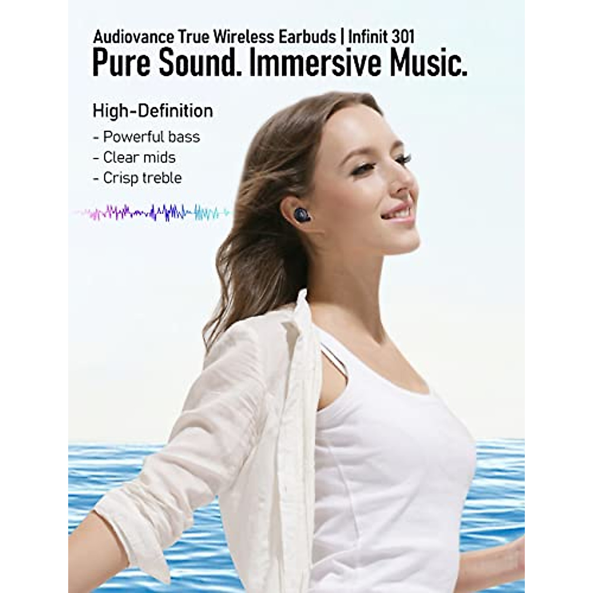 Audiovance IF301 Earbuds, Wireless Headphones Bluetooth Ear Buds for iPhone Android, Premium Sound, Immersive Music, Clear Calls, Noise Reduction, Wireless Charging, Waterproof, 23H Battery.