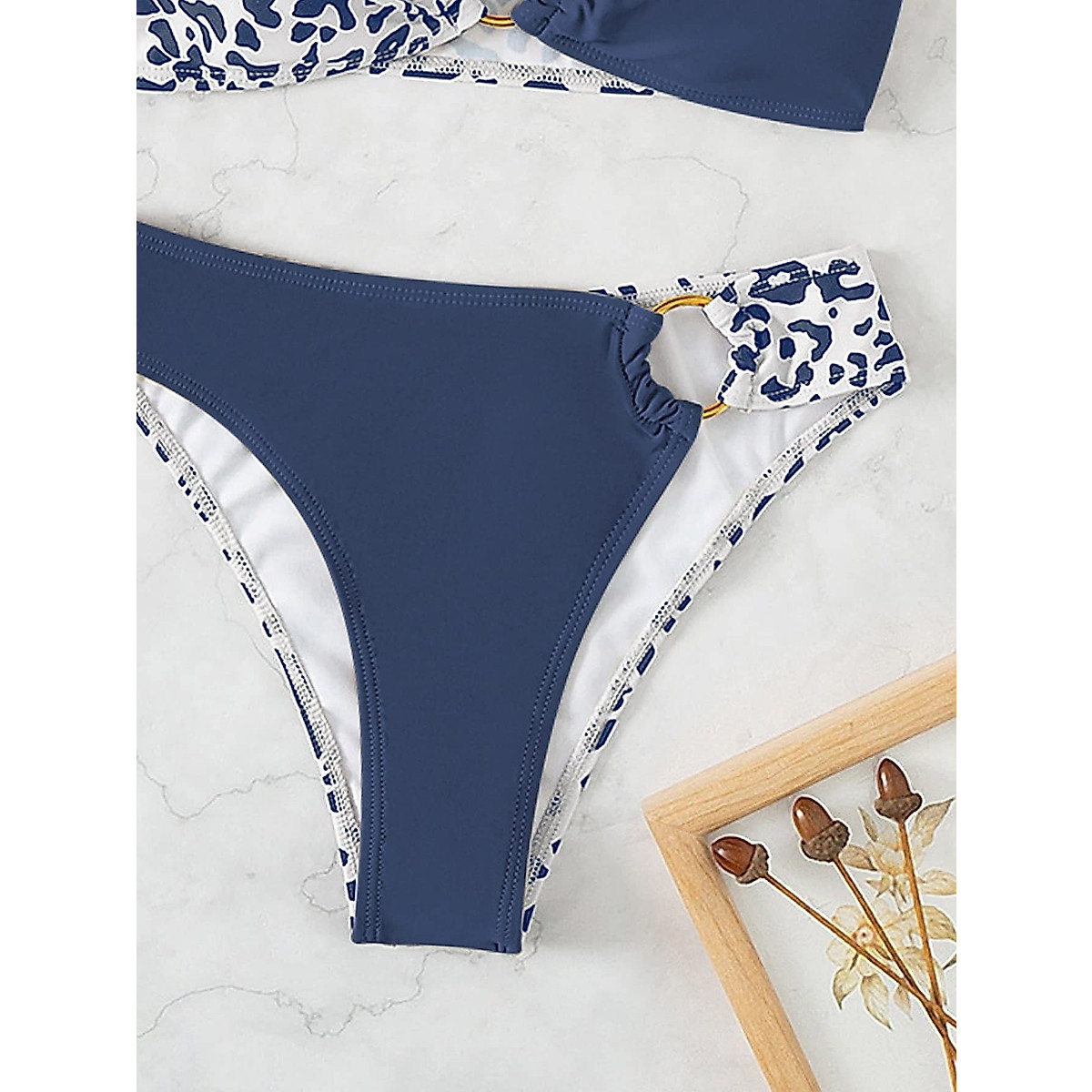 SOLY HUX Women's 2 Piece Swimsuit Color Block Leopard Print Ring Linked Bikini Set Bathing Suits Blue and White Leopard S