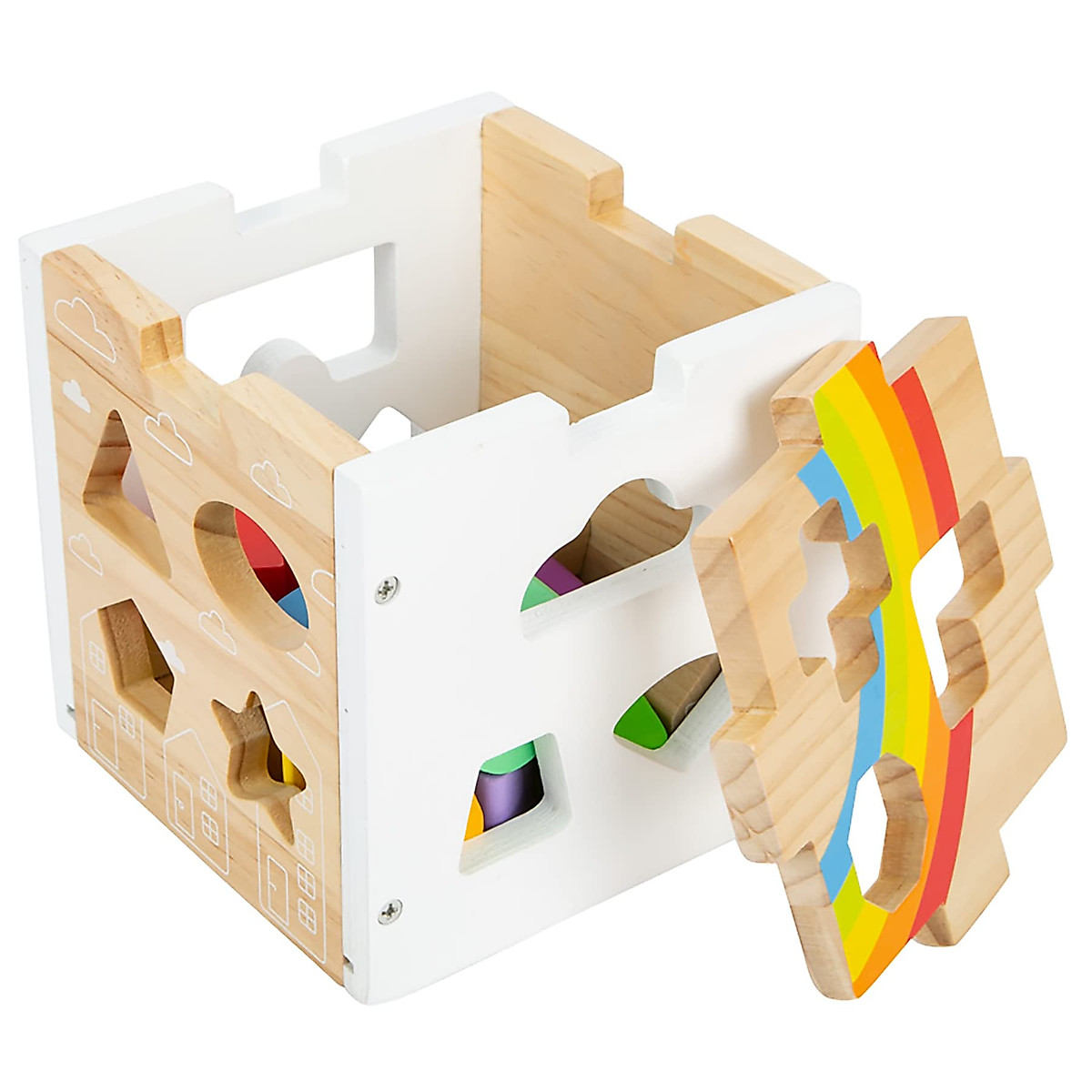 Wooden Rainbow Shape Sorter Cube – Sorting Toy with 13 Geometric Shapes & Removable Lid – Educational Game for Dexterity & Fine Motor Skills – Teaches Counting, Shapes and Colors – Ages 12+ Months