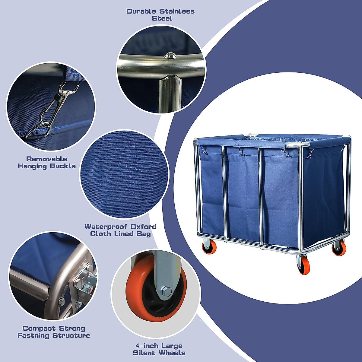 OEBYZWSL Commercial Laundry Cart with Wheels, 400L Large Capacity Heavy Duty Stainless Laundry Basket,Laundry Sorter for Clothes Storage,330 lbs Load (Blue)