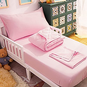 NTBAY 4 Piece Ultra Soft and Breathable Toddler Bedding Set, Microfiber Crib Sheet Set, Includes Quilted Comforter, Fitted Sheet, Flat Top Sheet and Envelope Pillowcase for Boys and Girls, Pink