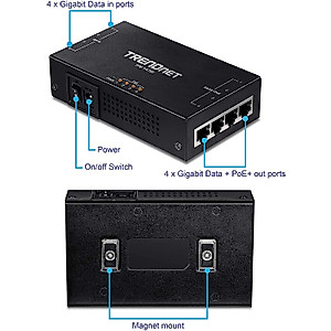 TRENDnet 65W 4-Port Gigabit PoE+ Injector, TPE-147GI, 4 x Gigabit Ports(Data in), 4 x gigabit PoE Ports(Data + PoE Out), Multi-Port PoE+ Injector up to 100m(328 ft.), Add PoE+ Power to Non-PoE Switch