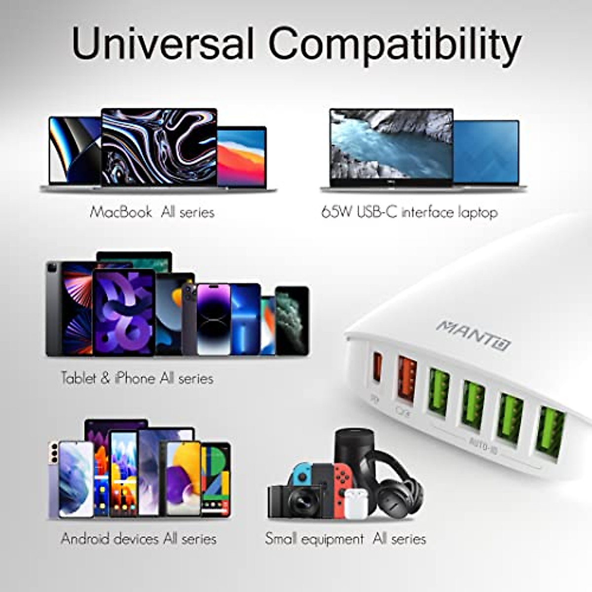 USB Charging Station, MANTO 65W PD3.0 & QC3.0 USB C Charger, 6-Port Desktop Charger with 1 USB C and 5 USB A Ports Compatible with MacBook Pro/Air, Laptops, iPad, iPhone, Galaxy and More