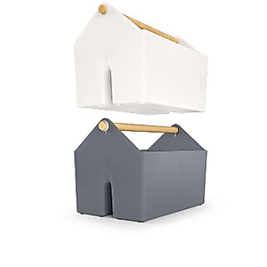 ARTEZA Plastic Portable Craft Storage Organizer, Pack of 2, Gray and Ivory, 3-Sectioned Plastic Basket with Handle, Caddy Organizer