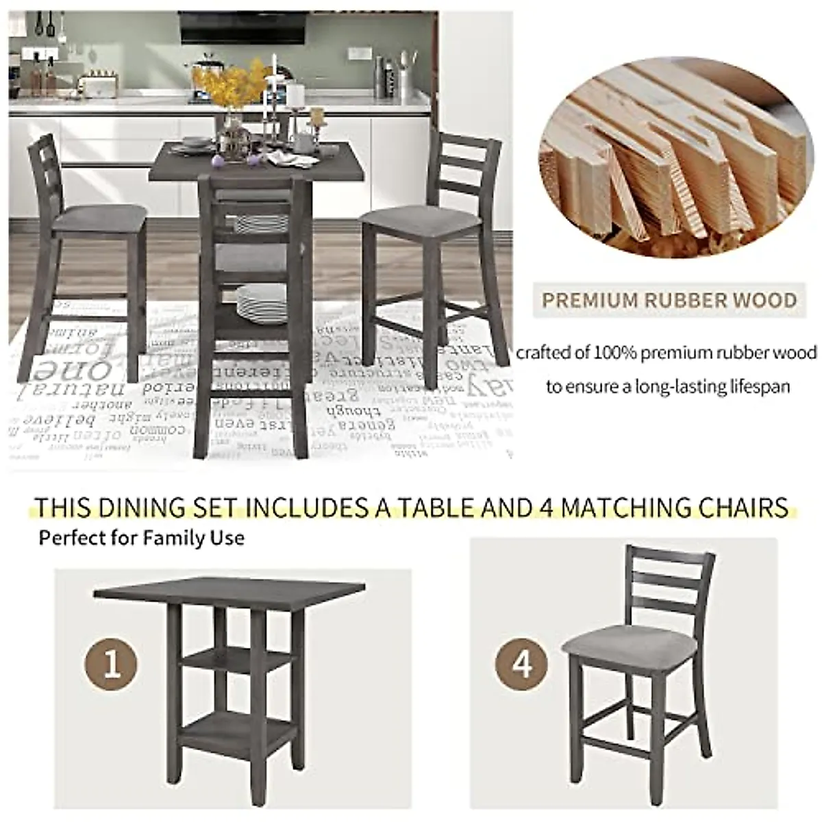 FANYE 5-Piece Counter Height Kitchen & Dining Room Dinette Furniture Sets Include Wooden Square Table with Bottom Storage Shelves and 4 Upholstered Back Chairs for 4 Persons Family Meal,Gray, Grey