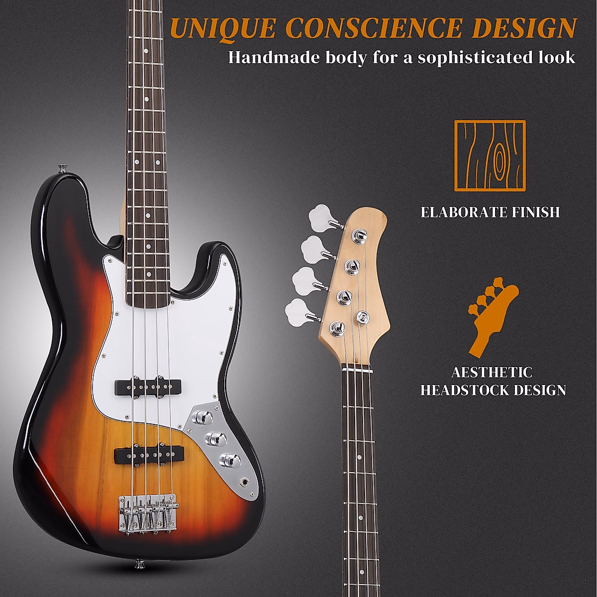 Ktaxon Electric Bass Guitar with 20Watt Amplifier, 4 String Right Handed Electric Bass Kit for Beginner & Professionals W/a Bag, Shoulder Strap, Guitar Pick, Wrench Tool(Brown Sunburst)