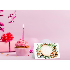 Table Place Card, Woodland Animals Themed Tent Style Cards, Pack of 25 Half-Fold Reception Place Card, Botanical Forest Food Labels, Perfect for Greenery Baby Shower, Birthday Party(C01)