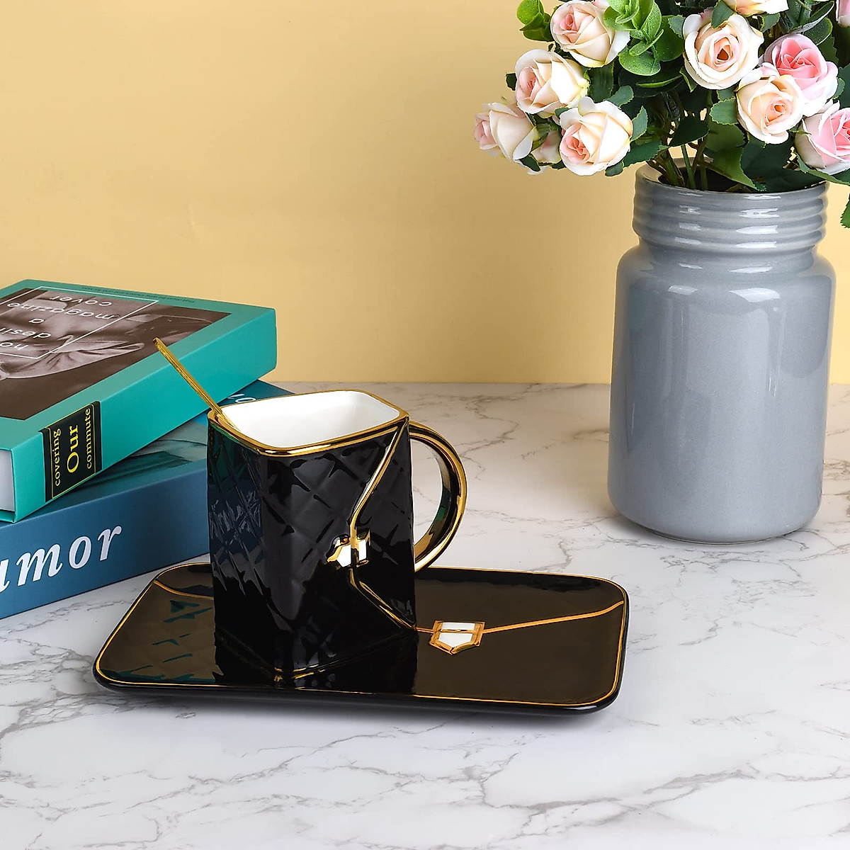 Koythin Ceramic Coffee Mug Saucer Set, Creative Cute Handbag Shaped Cup with Spoon and Saucer for Office and Home, 10 oz/300 ml for Tea Latte Milk (Elegant Black)