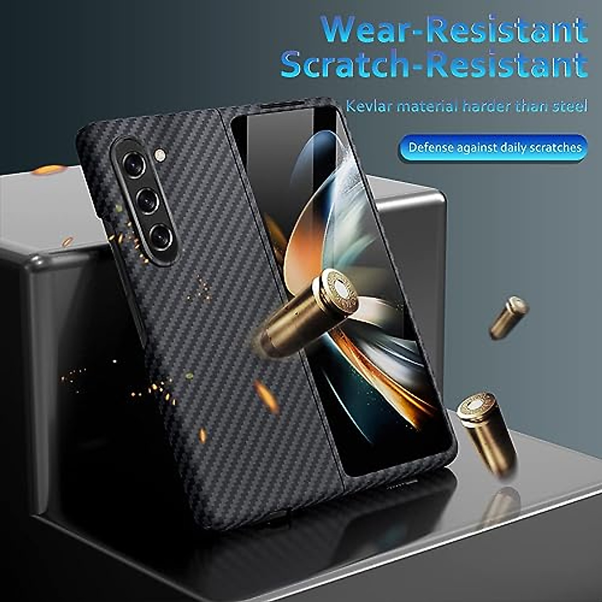 for Samsung Galaxy Z Fold 5 Carbon Fiber Case 7.6" 5G, Slim and Thin Aramid Protective Cover 0.03in 0.4oz, Lightweight, Anti-Scratch Protector, Supports Wireless Charging, Black