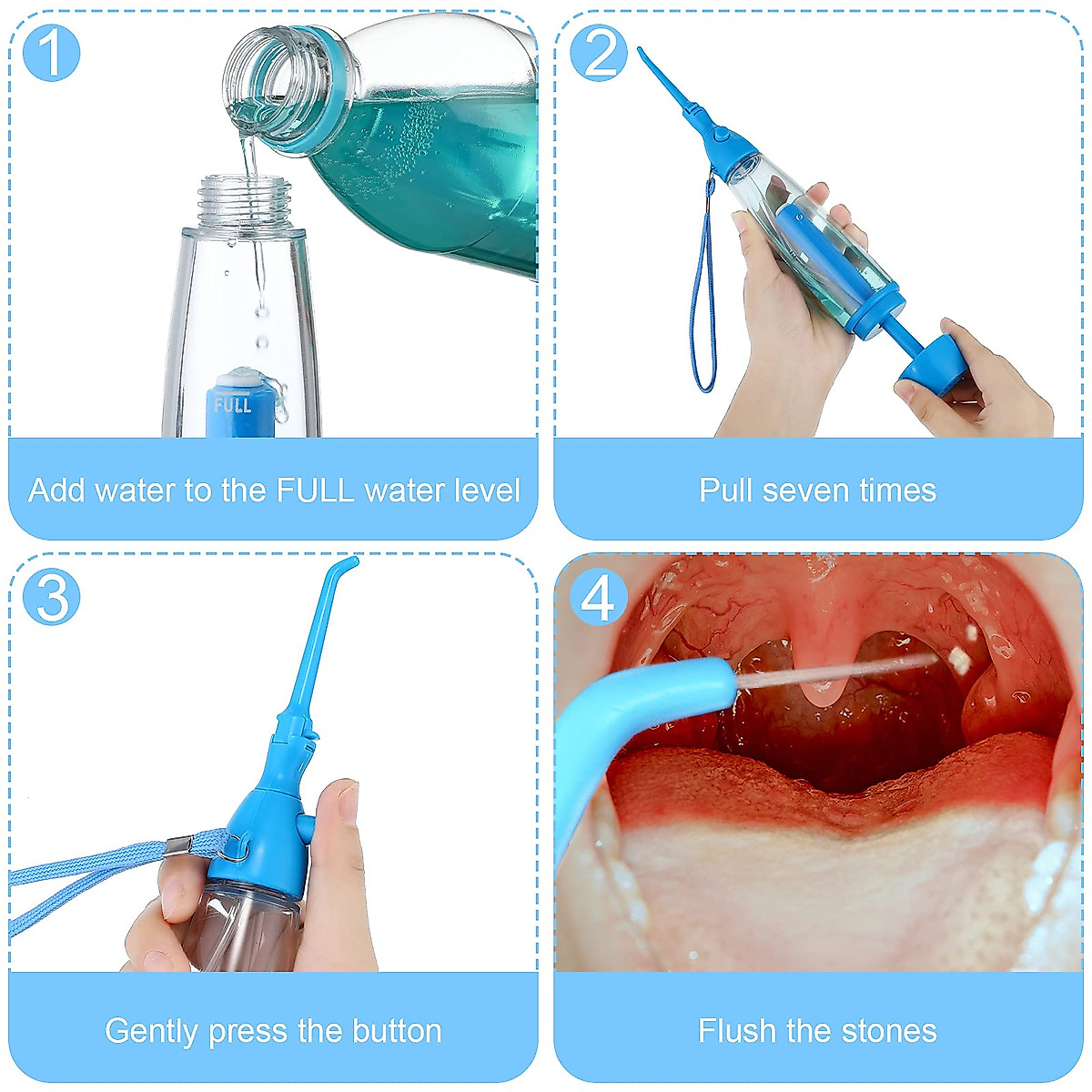 Nuanchu Tonsil Stone Remover Set, 1 Manual Pump Type Low Pressure Irrigator Oral, 1 Tonsil Stone Remover with LED Light, 1 Stainless Steel Removal Tool and 100 Long Swab