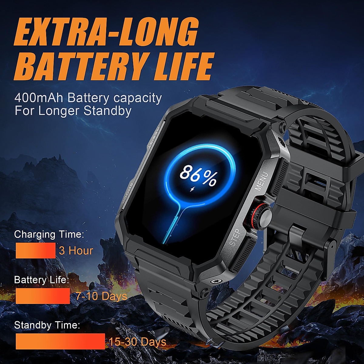 Rugged Smart Watch (Answer/Make Calls)Waterproof Smartwatches for Men Outdoor 1.85" Sports Fitness Tracker For Men with Heart Rate, Sleep Monitor with 100+ Sports Moeds for Android and iOS,47 Black