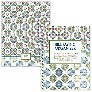 Fresh Patterns Bill Paying Organizer Book - Personal Account book, 9" by 12 inch, Spiral-Bound, 14 Pockets, 32 Label Stickers, Bill Tracking