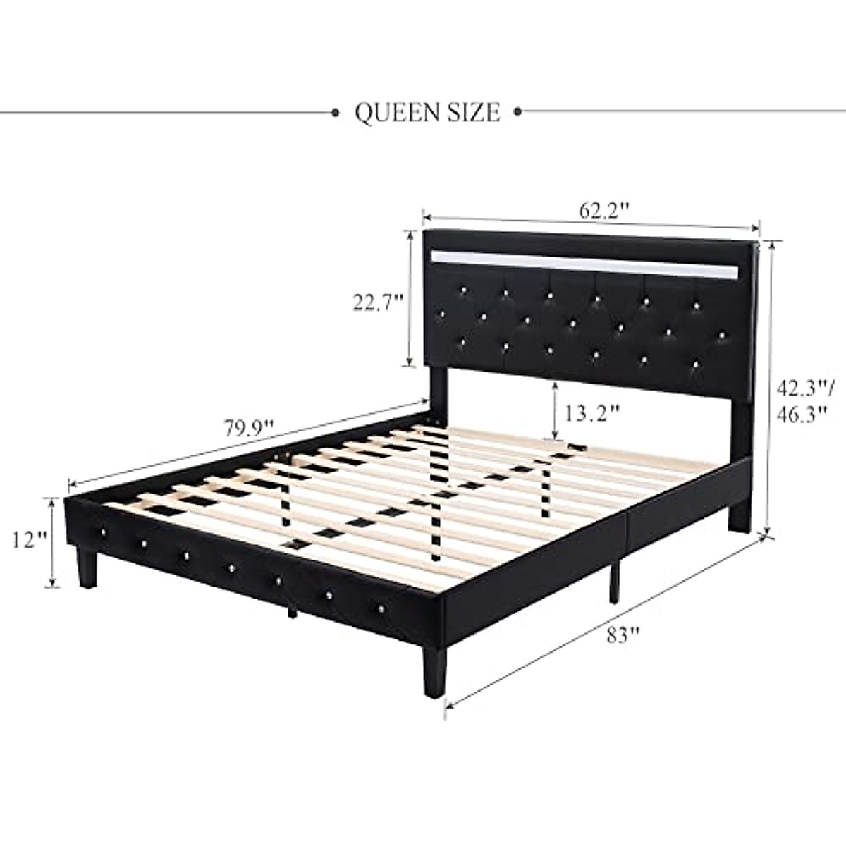 Benevika Queen Size Bed Frame with LED Light Leather Platform Bed Frame with Adjustable Upholstered Headboard, Over 60000 Colors, APP Control LED Lights, No Box Spring Needed, Black