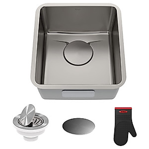 KRAUS Dex 17-Inch Undermount Single Bowl TRU16 Gauge Stainless Steel Kitchen Bar Sink with DrainAssure WaterWay and VersiDrain Assembly in Radiant Pearl Finish, KD1US17B