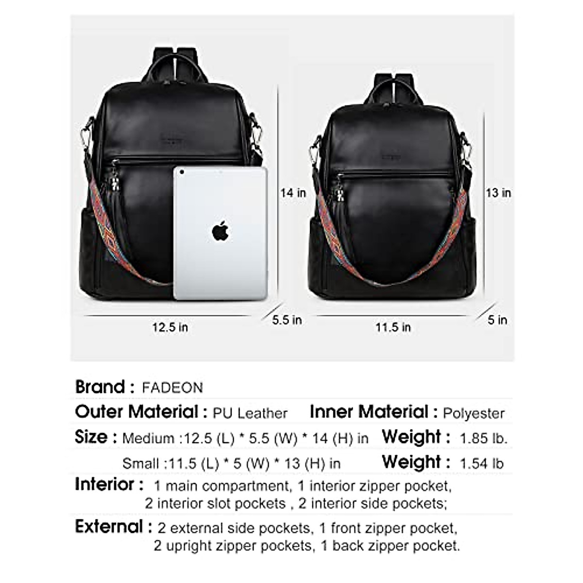 FADEON Leather Backpack Purse for Women Designer Travel Backpack Purses PU Fashion Ladies Shoulder Bag with Tassel Black