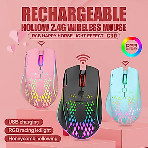 VEGCOO Wireless Gaming Mouse, C30 Silent Click Wireless Rechargeable Gaming Mouse with Double-Click Key and Colorful LED Lights, 3 Level Adjustable DPI for Gaming and Working (Blue)