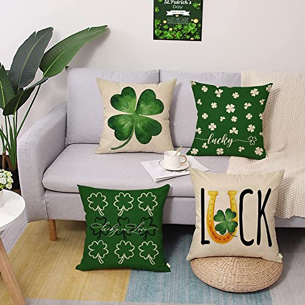 Fjfz St. Patrick's Day Luck Clover Decorative Throw Pillow Covers 20 x 20 Set of 4, Green Shamrock Horseshoe Holiday Porch Patio Home Decor, Irish Lucky in Love Gifts Outdoor Sofa Couch Cushion Case