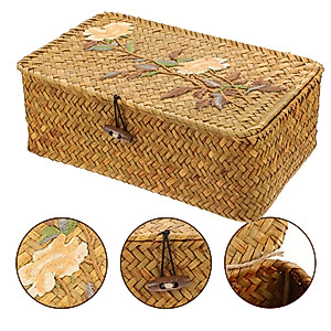 Zerodeko Seagrass Rattan Storage Basket Weaving Storage Box Wicker Basket Embroidery Pattern Storage Box Rectangular Makeup Organizer Container with Lid Shelf Baskets M