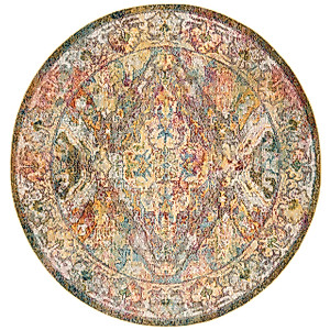 SAFAVIEH Crystal Collection Area Rug - 7' Round, Light Blue & Orange, Boho Chic Oriental Distressed Design, Non-Shedding & Easy Care, Ideal for High Traffic Areas in Living Room, Bedroom (CRS516A)