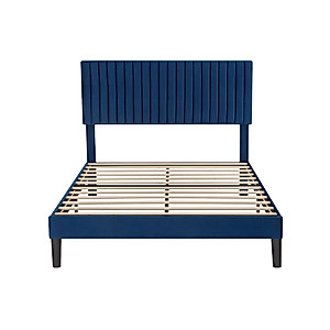 Allewie Queen Bed Frame, Velvet Upholstered Platform Bed with Adjustable Vertical Channel Tufted Headboard, Mattress Foundation with Strong Wooden Slats, Box Spring Optional, Easy Assembly, Blue