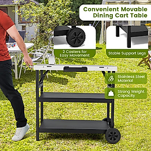 Giantex Outdoor Grill Cart with Wheels, Food Prep Table with 3 Storage Shelves, Detachable Spice Rack, Garbage Bag Holder, 4 Hooks, Movable Dining Cart Worktable Trolley for Outside Kitchen BBQ