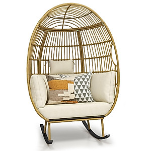 DWVO Outdoor Rocking Egg Chair, Patio Rocking Chair Oversized, 370lb Capacity, Anti-Slip, All-Weather Wicker Egg Lounger Chair for Indoor, Outside (Beige)