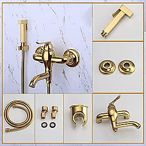 NBAAYIK Wall Mounted Bathroom Toilet Bidet Mixer Spray Kit Golden Single Handle Sprayer Toilet Bidet Shower Head Bathroom Shower Bidet Taps Spray Toilet Cleaning Faucet-B