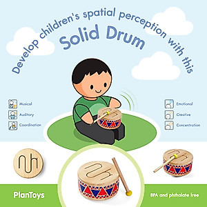PlanToys Solid Drum Toddler Musical Instrument - Sustainably Made from Rubberwood Featuring Organic-Pigment Coloring and Water-Based Dyes Featuring Drumstick with Rubber Head
