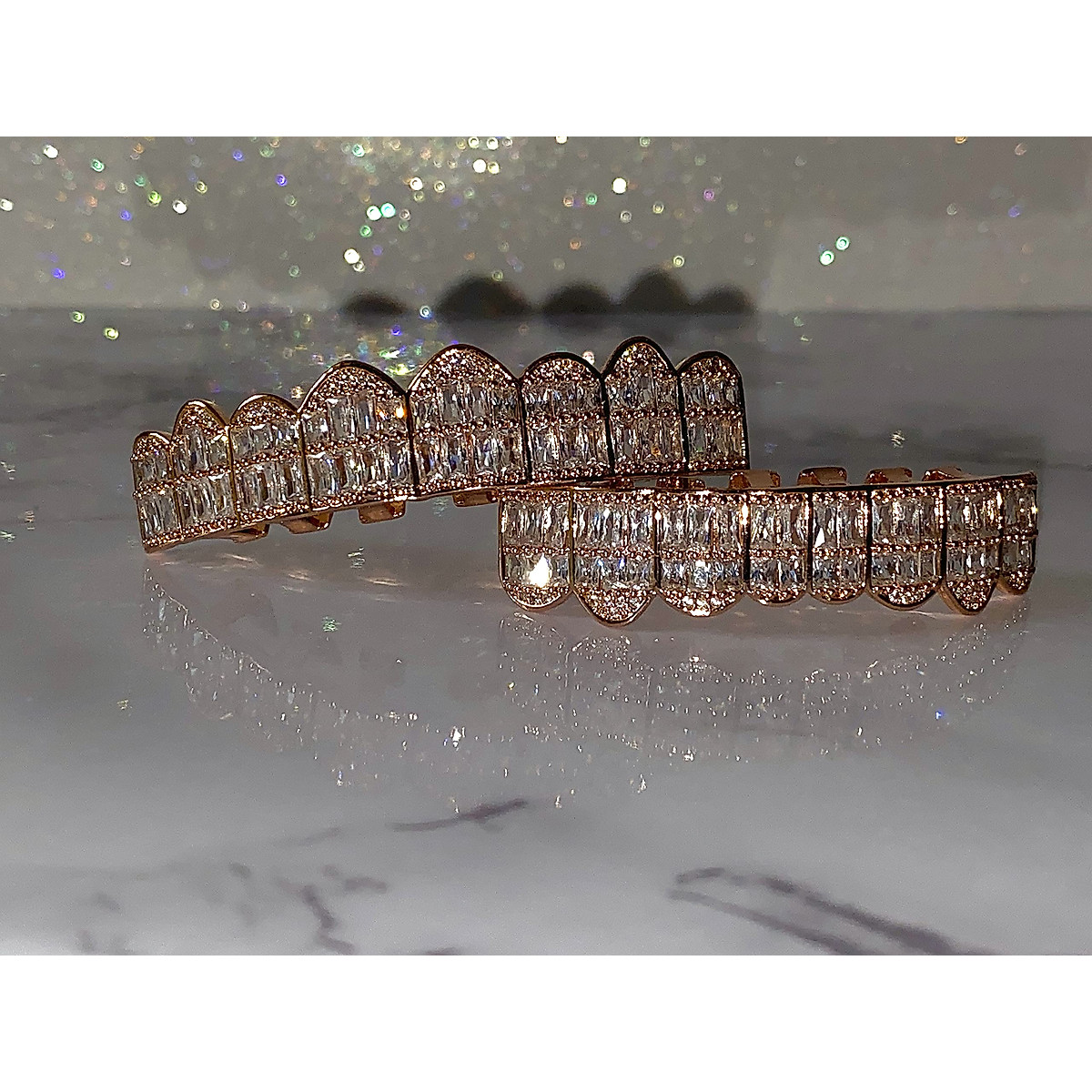 14k Rose Gold Baguette Joker Pink Grillz for Mouth Top Bottom Hip Hop Teeth Grills for Teeth Mouth Grillz for Mouth Top Bottom Hip Hop 8 Teeth Prong Set Cz Diamonds Grills for Tooth