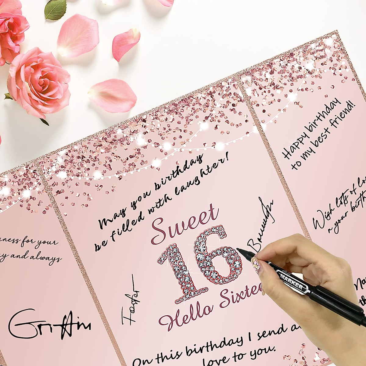 Vlipoeasn Sweet 16 Birthday Guest Book Alternative, Rose Gold Sweet 16 Birthday Decorations for Girl, 16th Birthday Party Signature Book, 16 Year Old Birthday Gifts for Girls