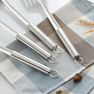 Pleafind 4-Pcs Cooking Utensils Set, Stainless Steel Kitchen Utensils, Wok Utensils Set Include Wok Ladle, Slotted Spoon, Wok Spatula and Slotted Spatula, Dishwasher Safe