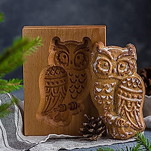 Wooden Animal Cookie Molds, Press Type Cookie Cutter With 3D Squirrel, Owl, Seahorse, Rooster, Rooster,Bird, Fish Design, Wood Biscuit Molds With Good Wishes for Baking (Owl)