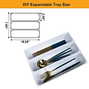 TUNGTAR custom silverware drawer tray small drawer organizer for utensils holder 7.5 inches cutlery tray, DIY organizer for silverware, flatware, knives in Kitchen, Bedroom white 3in1 (White, Small)