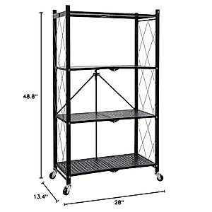 Foldable Storage Shelves on Wheels, 4 Tier Shelves for Storage, Heavy Duty Metal Shelving Units, No Assembly Storage Rack for Garage, Kitchen, Basement, Pantry, Black
