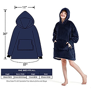 Touchat Wearable Blanket Hoodie, Oversized Sherpa Blanket Sweatshirt with Hood Pocket and Sleeves, Super Soft Warm Plush Hooded Blanket for Kids, One Size Fits All (NavyBlue)