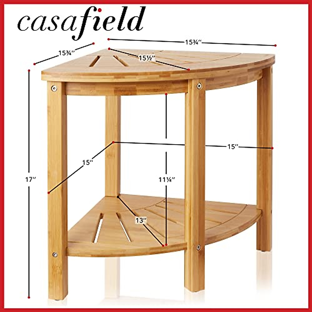 Casafield Bamboo Corner Bench with Storage Shelf, 2-Tier Wooden Bathroom Shower Stool for Indoor or Outdoor Use