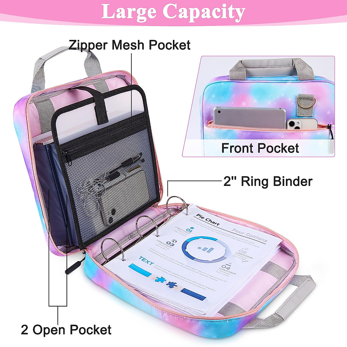 FIODAY Zipper Binder, 2 inch 3 Ring Binder with Zipper Cute Binder with Handle and Shoulder Strap Multiple Pocket 500 Sheet Capacity Binder Organizer for School, Blue Purple