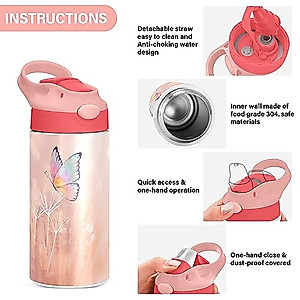 Kigai Flowers Butterfly Pink Kids Water Bottle, Insulated Stainless Steel Water Bottles with Straw Lid, 12 oz BPA-Free Leakproof Duck Mouth Thermos for Boys Girls