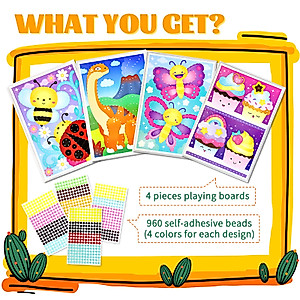 VKPI Bead Art Painting Kit for Kids, Diamond Bead Crafts Mosaic Kits, Preschool Learning Education Supply, Fun Toy for Kids Ages 4-8, Christmas Birthday Gifts, Easter Basket Stuffers, 4 Pieces