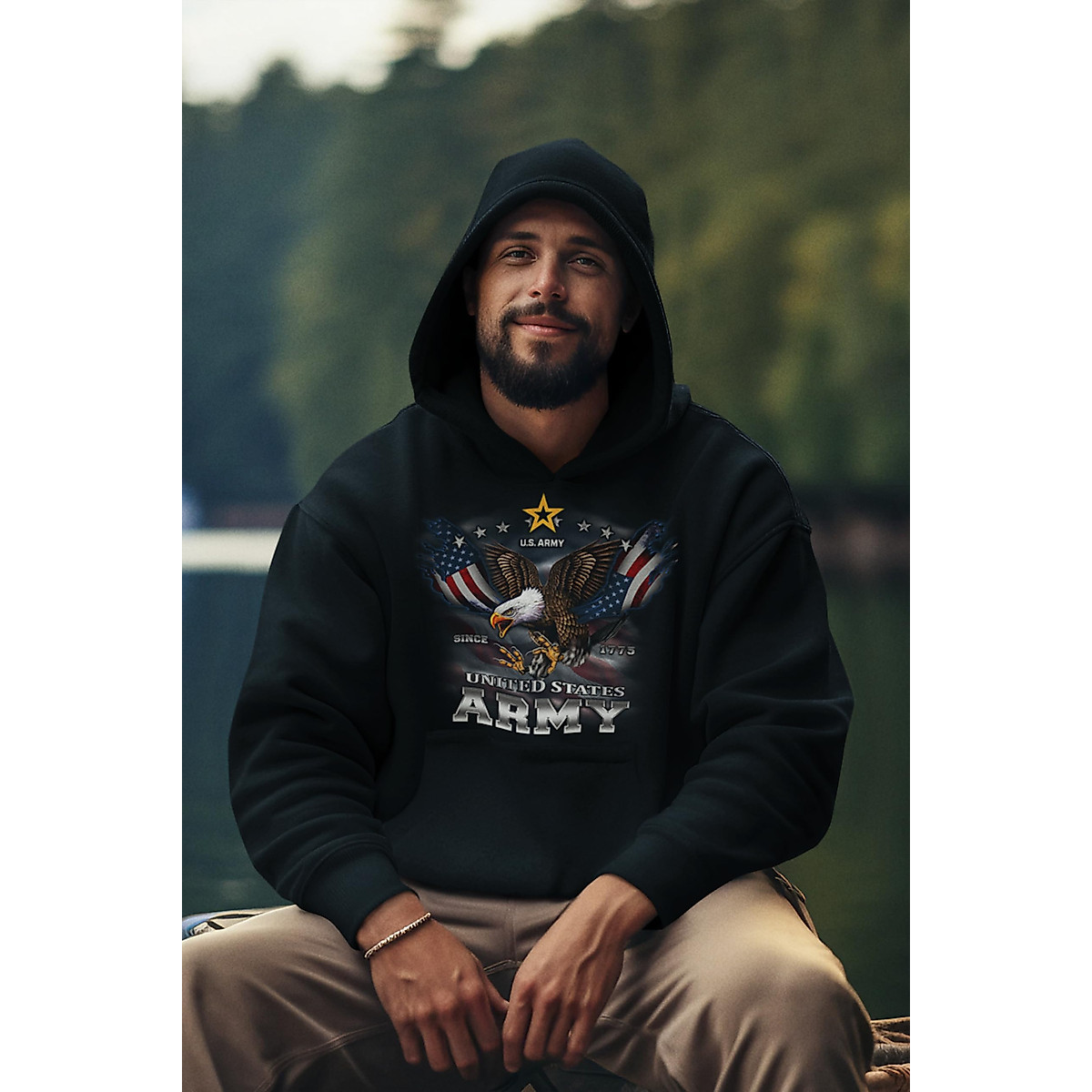 Lucky Ride US ARMY HOODIE Since 1775 Eagle with American Flag Wings Sweatshirt, Black, XL