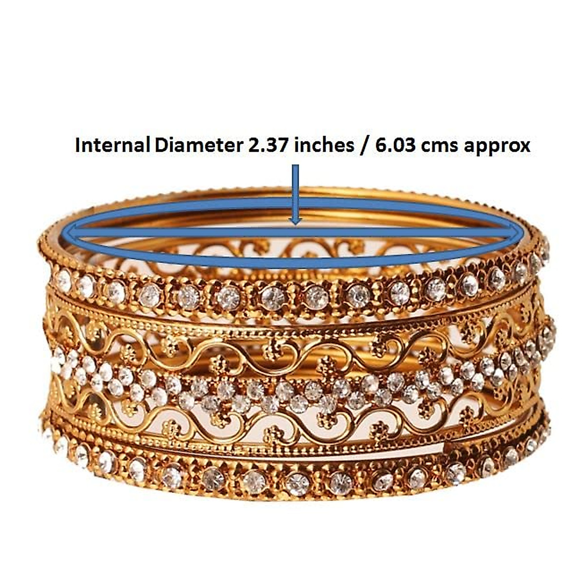 Touchstone "Golden Bangle Collection Exotic Filigree and Grain Work Clear Rhinestone Indian Bollywood Thick Thin Metal Bangle Bracelets in Antique Gold Tone for Women. Set of 6.