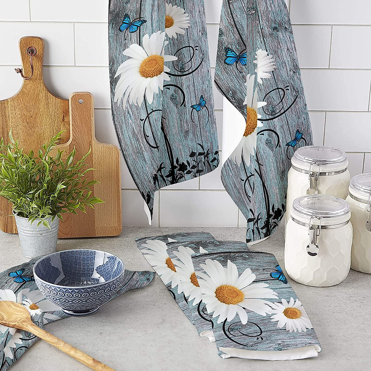 Big buy store Yellow Daisy Butterfly Floral Flowers Kitchen Dish Towels, Soft Lightweight Microfiber Absorbent Hand Towel Rustic Wood Plank Tea Towel for Kitchen Bathroom 18x28in