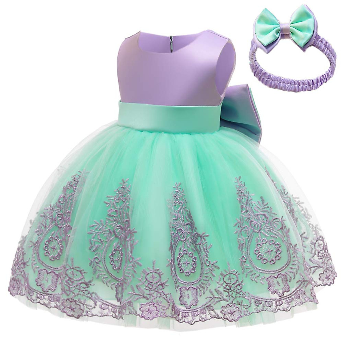 Baby Girls Embroidery Dresses Toddler Lace Ruffles New Year Easter Tutu Dress with Headwear (Purple+Green,80)