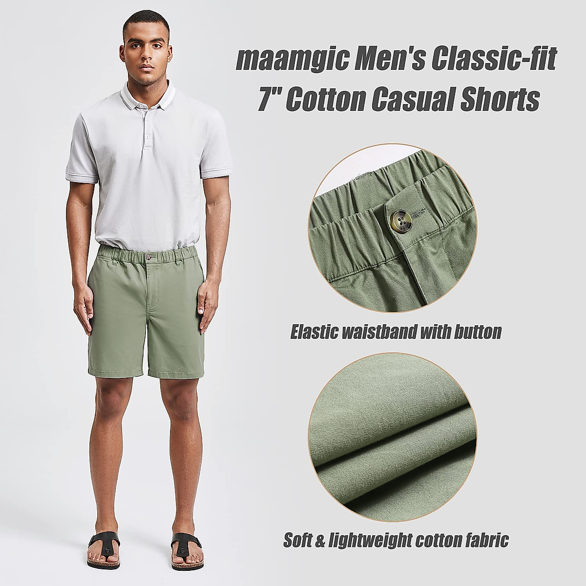 maamgic Men's Classic-fit 7" Cotton Casual Shorts Elastic Waistband with Multi-Pocket Daily Wear Walking Summer Outfit