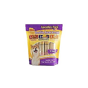 Ultra Chewy Double Treat Bones, Dog Treats, Made in The USA, Healthy Treats, Easy to Digest, Promotes Dental Health, Assorted Flavors (1 Pack/9 Bones Per Pack)